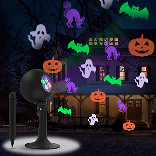 Halloween Lights, Outdoor Projector Decorations Indoor LED Projection Light Dynamic Ghost Bat Cat Pumpkin Patterns Show Holiday Landscape Outside Spotlight for Party House Porch Wall Gate Garage