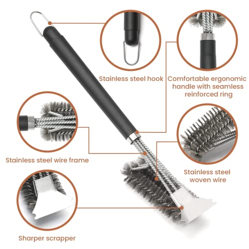 Simple Deluxe 2-Piece BBQ Grill Cleaning Brush, 18 Inch Stainless Steel Wire Safe Brush Cleaner with Extra Scraper Accessories, Bristle Free and Bristle, for Charcoal Grilling Grates/Weber Gas