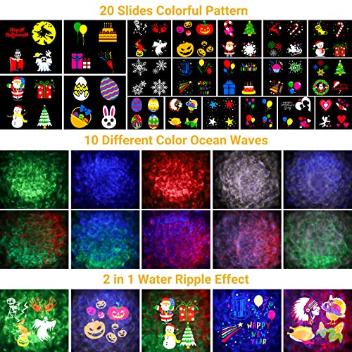 Christmas Holiday LED Projector Lights，Waterproof 3D Ocean Wave & 20 Patterns Double Projection Light with Remote for Birthday Party Garden Decorations