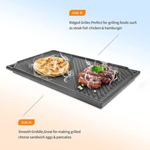 Hisencn Cast Iron Griddle, Nonstick Reversible Griddle for Gas Grill, Cast Iron Griddle Plate for Gas Stove Top, Oven, Outdoor Grill or Campfire (16.45'' x 9.45'')