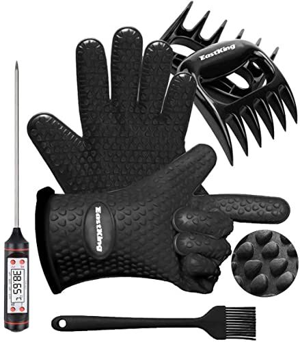 EastKing Smoker Accessories Set-Grilling Oven Gloves,BBQ Claws,Meat Thermometer and Silicone Brush BBQ Set for Cooking Barbecue Baking (Black)