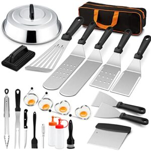 joyfair 23pcs griddle accessories kit, flat top grill spatulas set with melting dome, for outdoor camping bbq, stainless steel grilling tools, including turners scraper carrying bag, dishwasher safe