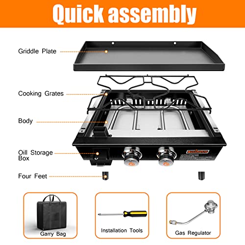 QuliMetal Flat Top Grill Non-Stick Griddle Portable Griddle Table Top Griddle Propane Grill with Carry Bag 22 Inch,348 Sq,24,000BTU,304 Stainless Steel Burner,Ceramic Coating for Outdoor Camping Party Tailgating