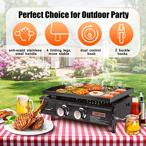 QuliMetal Flat Top Grill Non-Stick Griddle Portable Griddle Table Top Griddle Propane Grill with Carry Bag 22 Inch,348 Sq,24,000BTU,304 Stainless Steel Burner,Ceramic Coating for Outdoor Camping Party Tailgating