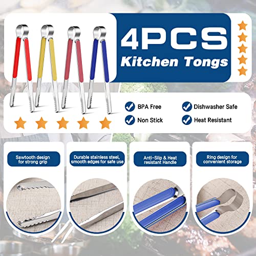 4Pcs Stainless Steel Kitchen Tongs, Serving Tongs for Cooking, 10" Metal Food Tongs with Non-Slip Comfort Grip, Non-Stick Cooking Tongs High Heat Resistant BBQ Tongs Grill Tongs for Barbecue Grilling…