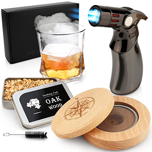 The Calling Man Cocktail Smoker Kit with Torch & Cherry Oak Wood Chips - Cocktail Smoker Kit for Drink Smoker - Mixology Whiskey Smoker Infuser Kit - Smoked Old Fashioned Bourbon Smoker Kit (Flush Design + Wood Chips + Torch)