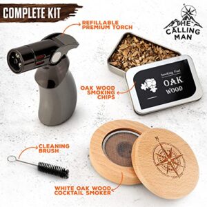 The Calling Man Cocktail Smoker Kit with Torch & Cherry Oak Wood Chips - Cocktail Smoker Kit for Drink Smoker - Mixology Whiskey Smoker Infuser Kit - Smoked Old Fashioned Bourbon Smoker Kit (Flush Design + Wood Chips + Torch)