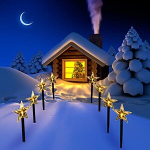 10 Pieces Solar Christmas Snowflake LED Pathway Star Outdoor Landscape Lights Waterproof 3D Snow Decorations Garden Spotlights for Winter Christmas Party Lawn Wedding Festival (Star Style)