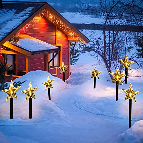 10 Pieces Solar Christmas Snowflake LED Pathway Star Outdoor Landscape Lights Waterproof 3D Snow Decorations Garden Spotlights for Winter Christmas Party Lawn Wedding Festival (Star Style)