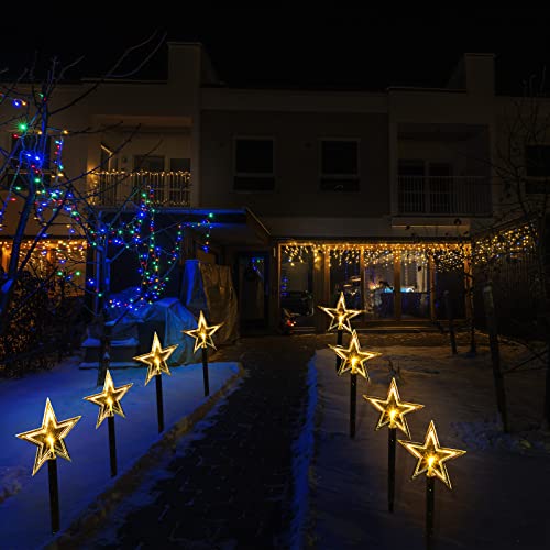 10 Pieces Solar Christmas Snowflake LED Pathway Star Outdoor Landscape Lights Waterproof 3D Snow Decorations Garden Spotlights for Winter Christmas Party Lawn Wedding Festival (Star Style)