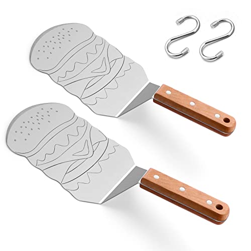 2-Piece Metal Spatula, HaSteeL Large 13 x 5In Burger Turner Flipper with Wooden Handle, Heavy Duty Griddle Tools for Flat Top Teppanyaki Grilling Camping Cooking, Laser Carved Pattern & Easy to Clean