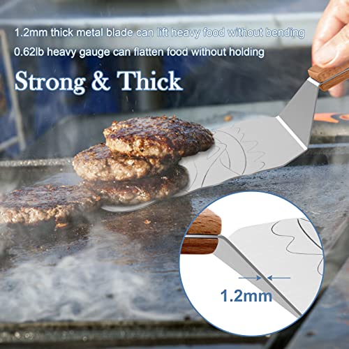 2-Piece Metal Spatula, HaSteeL Large 13 x 5In Burger Turner Flipper with Wooden Handle, Heavy Duty Griddle Tools for Flat Top Teppanyaki Grilling Camping Cooking, Laser Carved Pattern & Easy to Clean