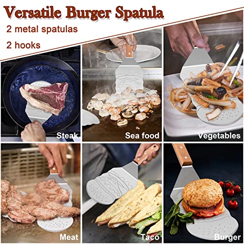 2-Piece Metal Spatula, HaSteeL Large 13 x 5In Burger Turner Flipper with Wooden Handle, Heavy Duty Griddle Tools for Flat Top Teppanyaki Grilling Camping Cooking, Laser Carved Pattern & Easy to Clean