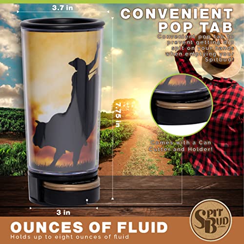 Bull Rider by Spit Bud - The Ultimate Spittoon for Chew - Portable Dip & Snuff Cup with Lid, Pop Tab, Spill-Proof Funnel, Can Cutter & Holder - Fit in Cup Holders - Holds 8oz - Made in USA