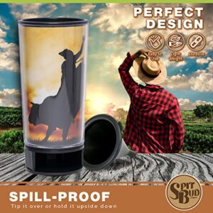 Bull Rider by Spit Bud - The Ultimate Spittoon for Chew - Portable Dip & Snuff Cup with Lid, Pop Tab, Spill-Proof Funnel, Can Cutter & Holder - Fit in Cup Holders - Holds 8oz - Made in USA