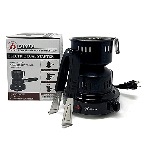 AHADU Premium Electric Charcoal Burner Coconut Coal Starter Hibachi Smart Overheating Control. Instant Coal Disk Tablet Fire Starter. Perfect Stove for Outdoor camping BBQ -Comes with Free Tong/Handle