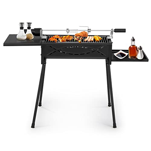 Giantex Charcoal Grill with Automatic Rotisserie Kit, 2 Folding Side Tables, Detachable Legs, Portable Chicken Roaster turkey Kabab Grill, Quick Setup for Backyard Barbecue Camping