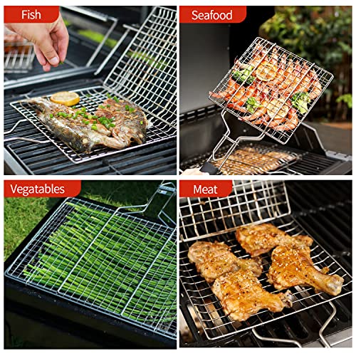 Grill Basket, 2 Pack Stainless Steel Fish Grill Rack, Portable BBQ Grilling Basket Outdoor Grill Accessories Barbecue Grilling Basket for Meat, Steak, Shrimp, Vegetables, Chops