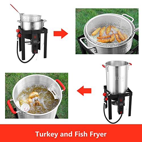 FEASTO 4 in 1 Turkey and Fish Fryer Set with 30 Qt & 10 Qt Aluminum Pots, Electronic ignition Outdoor Propane Gas Cooker with Adjustable 0-10 PSI Regulator, Non-Assembly Frame Stand