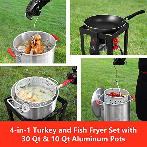 FEASTO 4 in 1 Turkey and Fish Fryer Set with 30 Qt & 10 Qt Aluminum Pots, Electronic ignition Outdoor Propane Gas Cooker with Adjustable 0-10 PSI Regulator, Non-Assembly Frame Stand