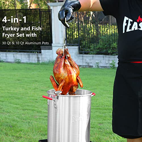 FEASTO 4 in 1 Turkey and Fish Fryer Set with 30 Qt & 10 Qt Aluminum Pots, Electronic ignition Outdoor Propane Gas Cooker with Adjustable 0-10 PSI Regulator, Non-Assembly Frame Stand