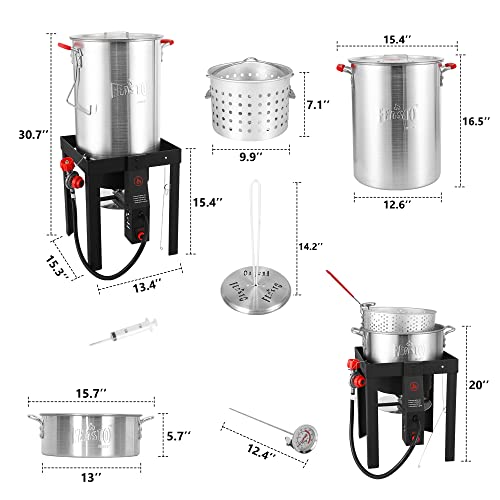 FEASTO 4 in 1 Turkey and Fish Fryer Set with 30 Qt & 10 Qt Aluminum Pots, Electronic ignition Outdoor Propane Gas Cooker with Adjustable 0-10 PSI Regulator, Non-Assembly Frame Stand