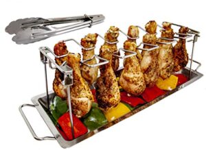 chicken leg rack for grill, smoker or oven; great for chicken legs, wings, or drumsticks; stainless steel; non-toxic drumstick holder; comes in a box with grill drip pan for vegetables and grill tongs