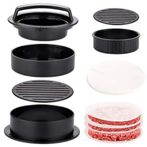 kmeivol hamburger press patty maker, burger press, 3 in 1 different size hamburger press molds with 100 pack wax papers, burger press patty maker best for stuffed hamburger, beef patties and sliders