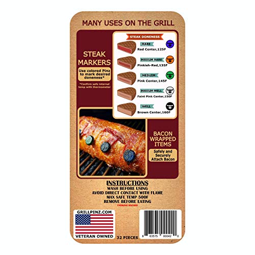 Steak Pinz - Grill Safe, Reusable Nylon Food Markers for Marking Desired Grilling Temperature, Spiciness, or Marking Dietary Restrictions - Made in The USA. (Pack of 32 Pinz