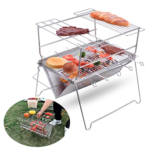 Camping Grill Charcoal Grill Folding BBQ Grill Stainless Steel with 5 Kabob Skewers for Picnic, Camping and Backyard Barbecue CP047