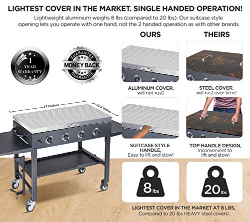 flybold Griddle Cover 36" Works for Blackstone Waterproof Diamond Plated Lightweight Aluminum Hard Top Lid with Stainless Steel Handle for Outdoor BBQ Hood Blackstone Griddle Accessories