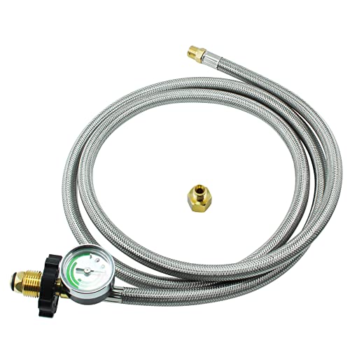 MENSI 6FT Upgraded Braided Universal POL 1/4 inch NPT & Inverted Male Flare Propane Tank Pigtail Hose with Gauge for Standard Two-Stage Regulator