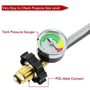 MENSI 6FT Upgraded Braided Universal POL 1/4 inch NPT & Inverted Male Flare Propane Tank Pigtail Hose with Gauge for Standard Two-Stage Regulator