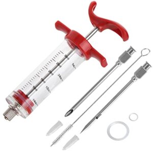 x-wlang premium meat injector, marinade injector syringe with 2 meat needles for bbq grill smoker, turkey and cooking 1-oz capacity, 2 stainless needles, 1 brush, red