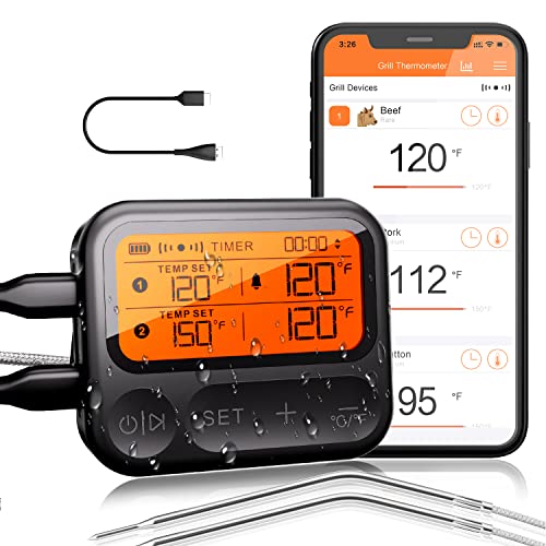 Digital Meat Thermometer for Grilling and Smoking, Wireless Bluetooth Meat Thermometer for Outside Grill with Instant Read Dual Meat Probes, Rechargeable Waterproof BBQ Thermometer for Smoker