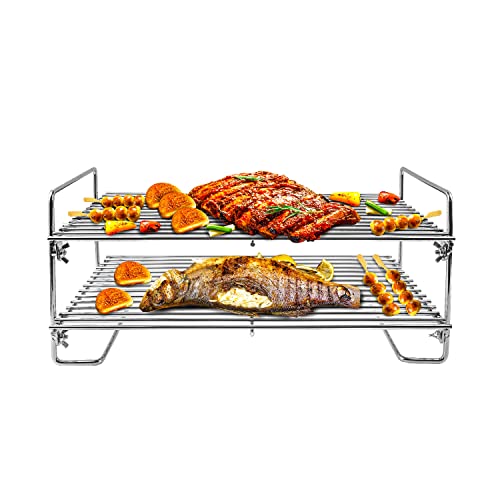 DcYourHome Double Layer Stainless Steel Smoke Shelf/Grill Warming Rack Foldable Multipurpose Jerky Rack for Traeger and Other Wood Pellet Grills & Gas Grills & Grill Grate Accessories