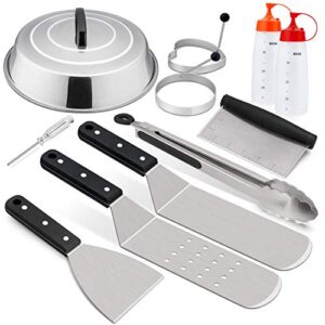 hasteel griddle accessories set, stainless steel griddle tools kit of 10 for flat top teppanyaki bbq cooking camping, 12” melting dome, metal spatulas, griddle scrapers, tong, egg rings, bottles