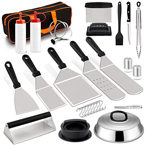 20Pcs Griddle Accessories Kit, HaSteeL Stainless Steel Flat Top Teppanyaki Tools Set for Indoor Outdoor BBQ Camping Cooking, Include Melting Dome, Bacon Press, Metal Spatulas, Scrapers, Easy to Clean