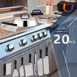 20Pcs Griddle Accessories Kit, HaSteeL Stainless Steel Flat Top Teppanyaki Tools Set for Indoor Outdoor BBQ Camping Cooking, Include Melting Dome, Bacon Press, Metal Spatulas, Scrapers, Easy to Clean