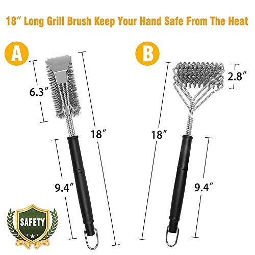 18-Inch Grill Brush Set (1 x Bristle Free Brush, 1 x Scraper Brush ), BBQ Brush for Grill Cleaning, Outdoor Grill Cleaning Tools, Stainless Steel, 2 PCS