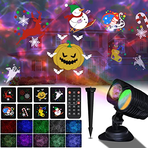 Christmas Dual Projector Lights Outdoor, Built in Vivid 24 HD Effects (3D Ocean Wave + Patterns) with IP65 Waterproof, RF Remote Control, Timer for Halloween Christmas Party Home Indoor Decorations