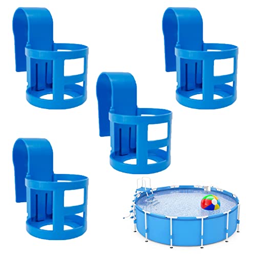 4-Pack Poolside Cup Holders for Above Ground Pools, Pool Cup Holder for Refreshing Drinks, Only Fits 2 Inch Or Less Round Top Bar - Strong and Durable Easy to Use Clip-On No-Spill Cup Holders (Blue)