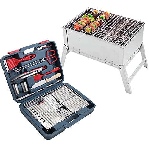 KINGBO Portable Charcoal BBQ Grill, Small Grill with Tools Set, 13.8" × 9.5" × 9.8" Foldable Mini Stainless Steel Grill for Outdoor Camping Picnic Beach Hiking Patio Backyard