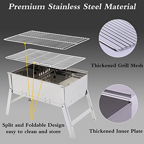 KINGBO Portable Charcoal BBQ Grill, Small Grill with Tools Set, 13.8" × 9.5" × 9.8" Foldable Mini Stainless Steel Grill for Outdoor Camping Picnic Beach Hiking Patio Backyard