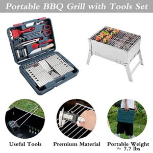 KINGBO Portable Charcoal BBQ Grill, Small Grill with Tools Set, 13.8" × 9.5" × 9.8" Foldable Mini Stainless Steel Grill for Outdoor Camping Picnic Beach Hiking Patio Backyard