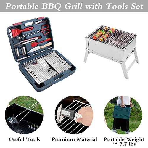 KINGBO Portable Charcoal BBQ Grill, Small Grill with Tools Set, 13.8" × 9.5" × 9.8" Foldable Mini Stainless Steel Grill for Outdoor Camping Picnic Beach Hiking Patio Backyard