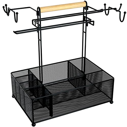 Grill Caddy for Camping Accessories, Picnic Condiment Caddy, BBQ Caddy Mesh Basket with 2 Paper Towel Holders & 6 Hanging Hooks, Kitchen Storage Organizer for Camping, Picnic, Buffet, Grill, Part