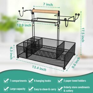 Grill Caddy for Camping Accessories, Picnic Condiment Caddy, BBQ Caddy Mesh Basket with 2 Paper Towel Holders & 6 Hanging Hooks, Kitchen Storage Organizer for Camping, Picnic, Buffet, Grill, Part