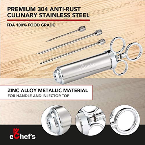 eChef's Meat Injector - 304 Stainless Steel, Meat Injector Syringe with Case, 2-oz Large Meat Injectors for Smoking, 3 Marinade Injector Needles for BBQ Grill, Magnetic Meat Smoking Guide