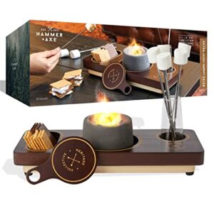 hammer + axe campfire s’mores board, the set includes board, skewer stand, 5 skewers, snuffer and fuel holder, 9-piece